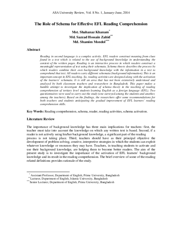 (PDF) The Role of Schema for Effective EFL Reading Comprehension
