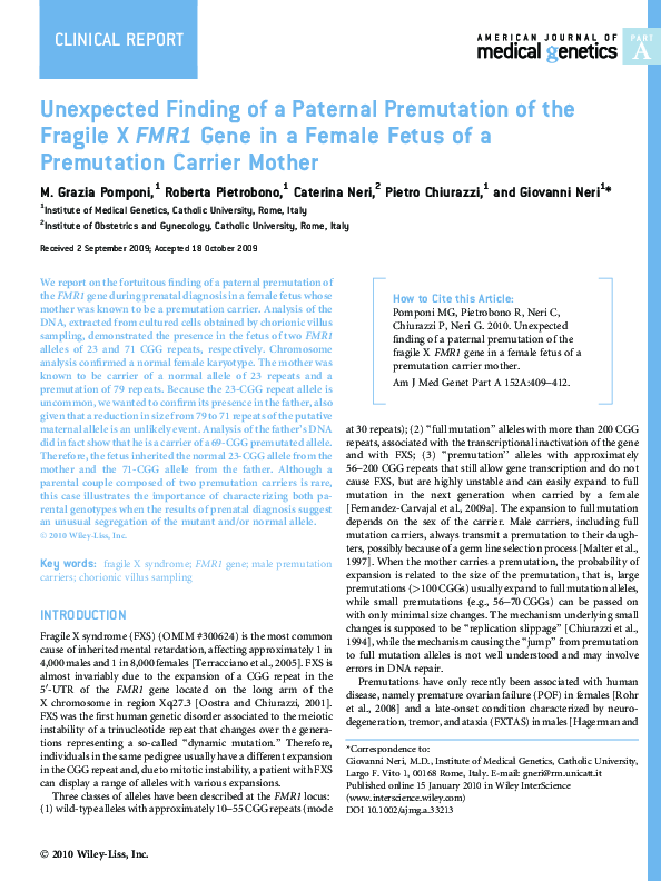 (PDF) Unexpected finding of a paternal premutation of the fragile X FMR1 gene in a female fetus ...