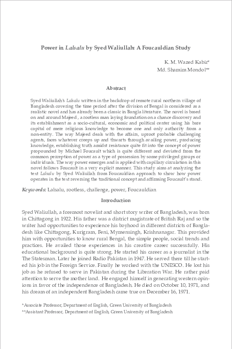 (PDF) Power in Lalsalu by Syed Waliullah: A Foucauldian Study