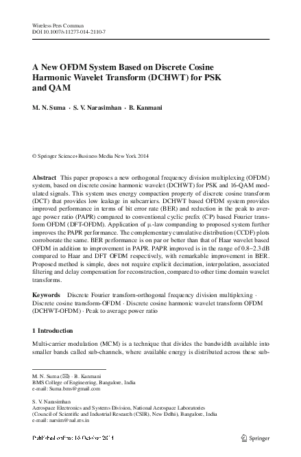 (PDF) A New OFDM System Based on Discrete Cosine Harmonic Wavelet Transform (DCHWT) for PSK and QAM
