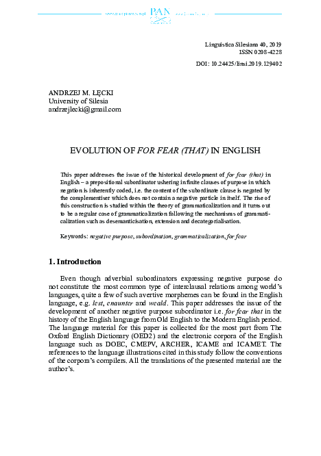 (PDF) Evolution of for fear (that) in English