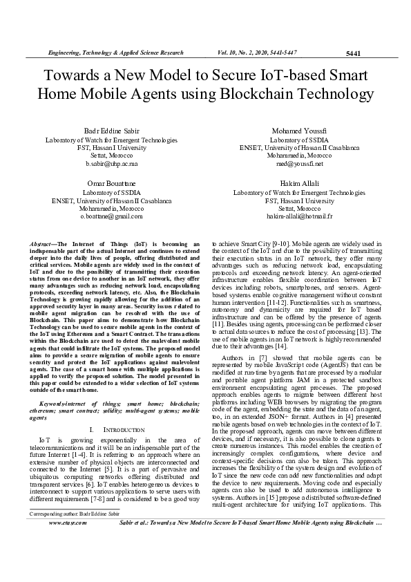 (PDF) Towards a New Model to Secure IoT-based Smart Home Mobile Agents using Blockchain Technology