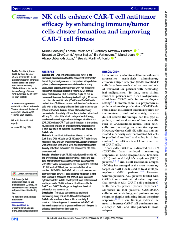 (PDF) NK cells enhance CAR-T cell antitumor efficacy by enhancing immune/tumor cells cluster ...