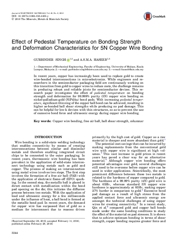 (PDF) Pedestal Temperature's Impact on Copper Bonding