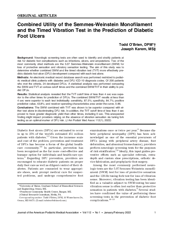 (PDF) Combined Utility of the Semmes-Weinstein Monofilament and the ...