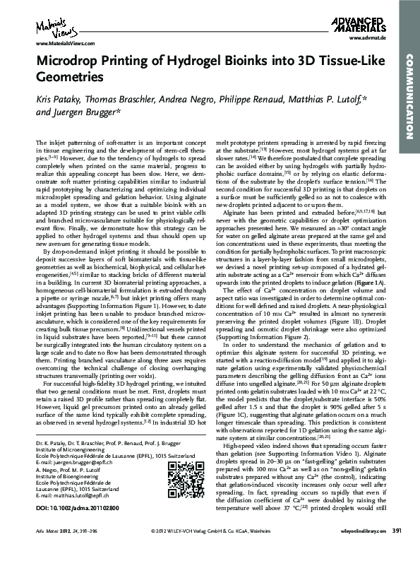 (PDF) 3D Printing Hydrogel Bioinks for Tissue Models