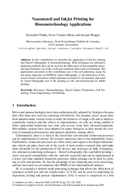 (PDF) Nanostencil and InkJet Printing for Bionanotechnology Applications