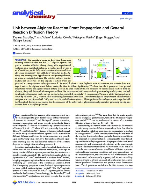 Pdf Link Between Alginate Reaction Front Propagation And General Reaction Diffusion Theory