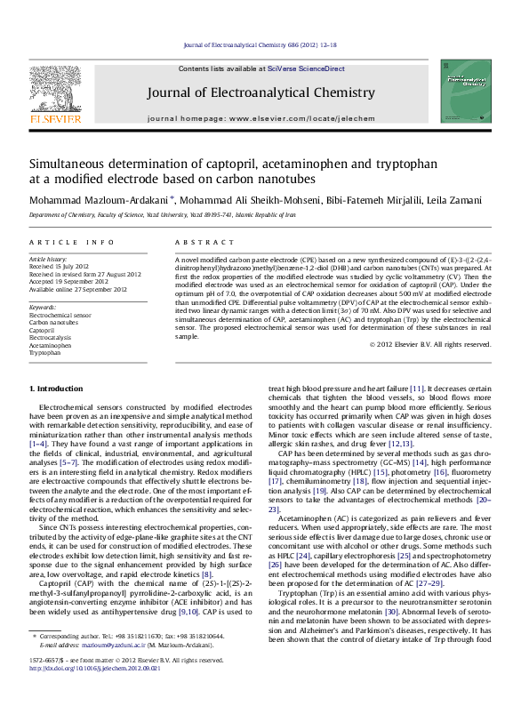 (PDF) Simultaneous determination of captopril, acetaminophen and tryptophan at a modified ...