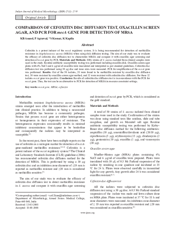 (PDF) COMPARISON OF CEFOXITIN DISC DIFFUSION TEST, OXACILLIN SCREEN ...
