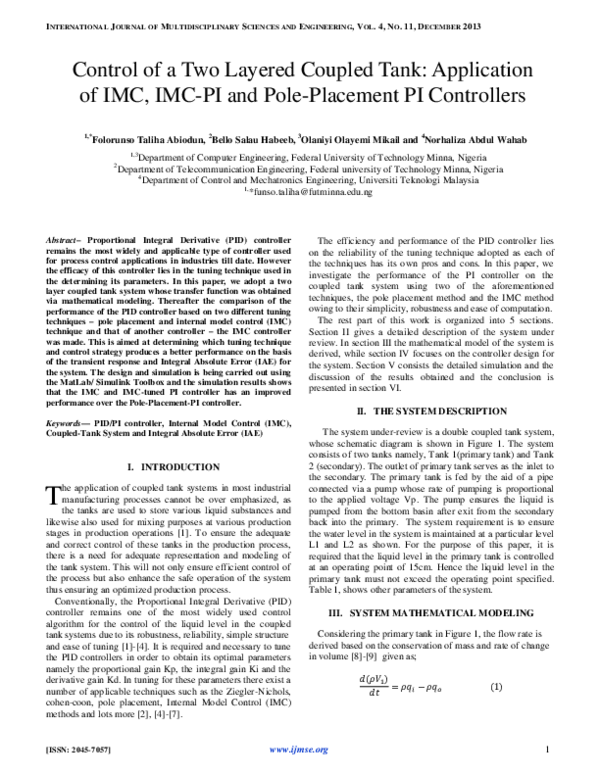 (PDF) Control of a Two Layered Coupled Tank: Application of IMC, IMC-PI and Pole-Placement PI ...