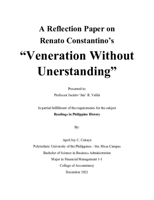 (PDF) A Reflection Paper on Renato Constantino's "Veneration Without ...