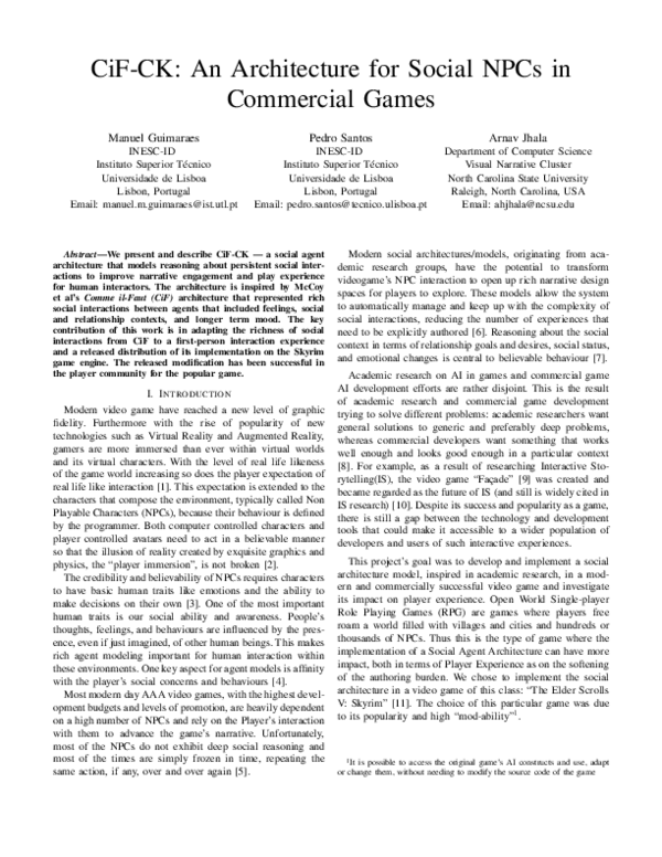 (PDF) CiF-CK: An architecture for social NPCS in commercial games