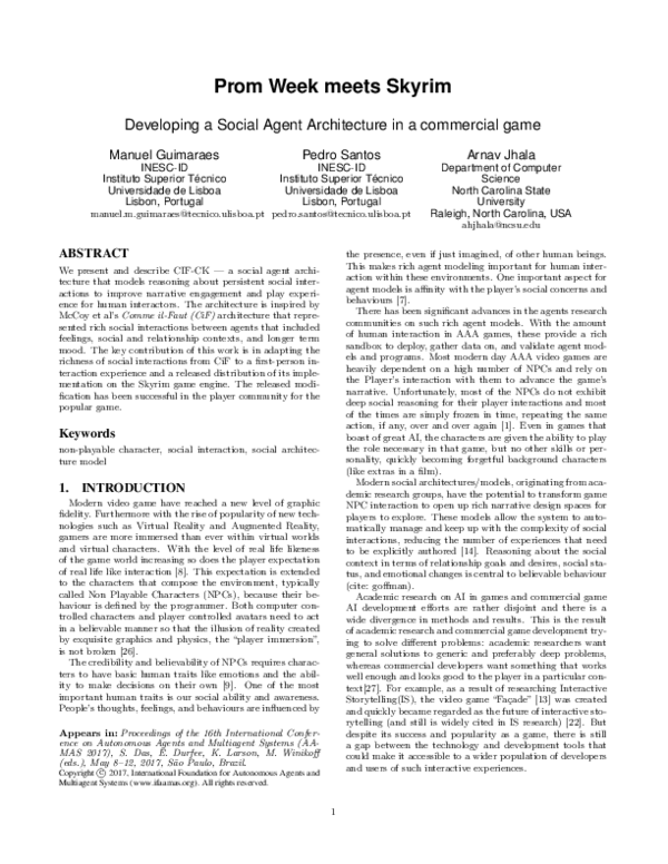 (PDF) Prom Week Meets Skyrim: Developing a Social Agent Architecture in ...