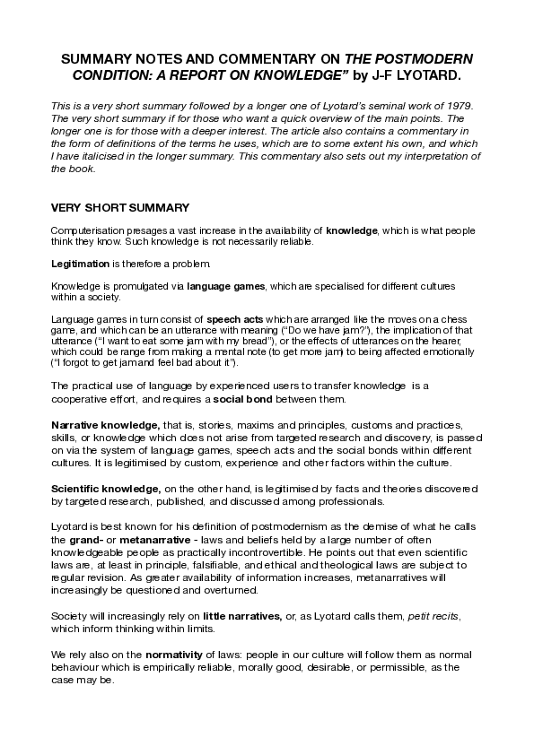 (PDF) SUMMARY NOTES AND COMMENTARY ON THE POSTMODERN CONDITION: A ...