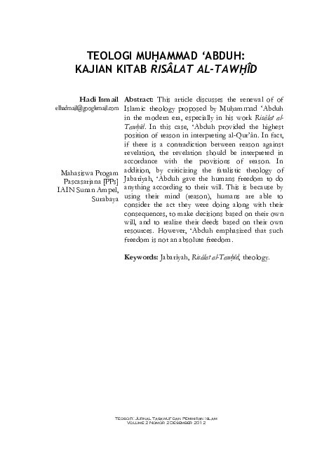Pdf Teologi Muhammad Abduh Kajian Kitab Risâlat Al Tawhîd
