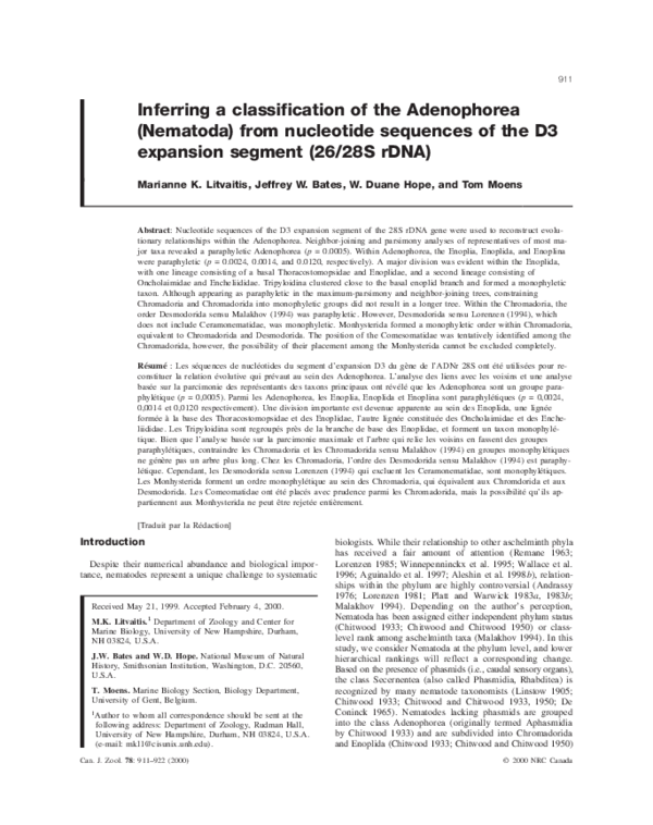 (PDF) Inferring a classification of the Adenophorea (Nematoda) from ...