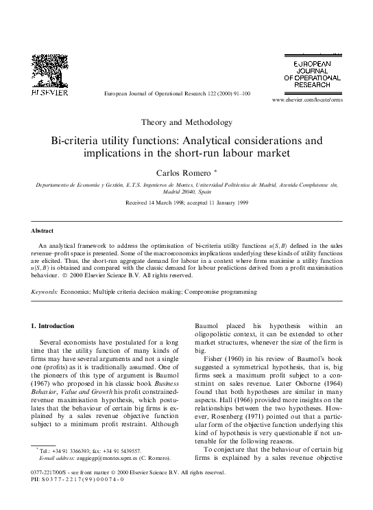 (PDF) Bi-criteria utility functions: Analytical considerations and ...