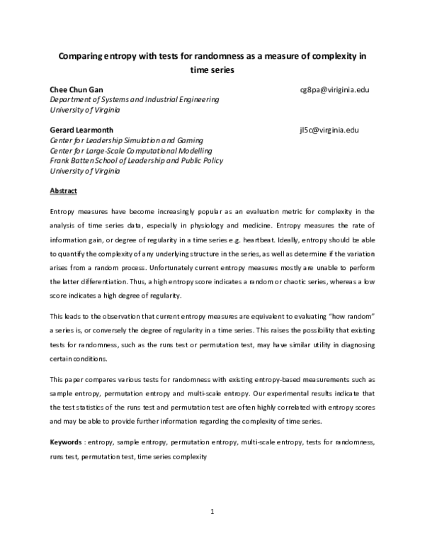 Pdf Comparing Entropy With Tests For Randomness As A Measure Of Complexity In Time Series