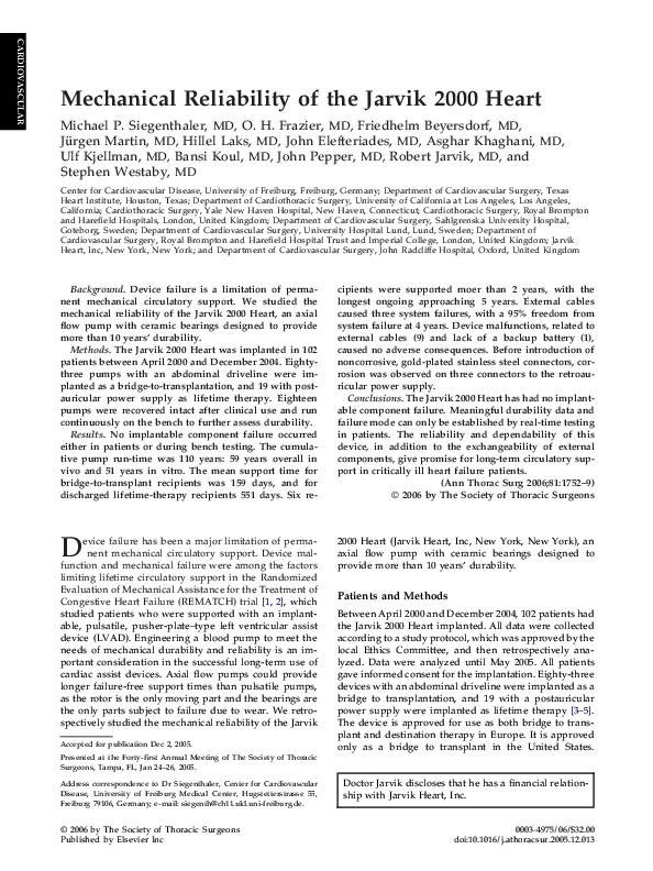 (PDF) Mechanical Reliability of the Jarvik 2000 Heart
