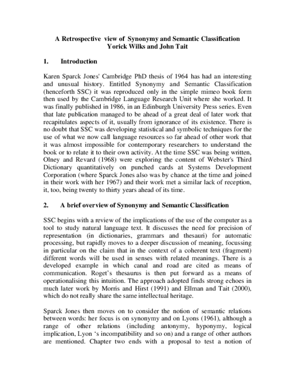 (PDF) A Retrospective View of Synonymy and Semantic Classification