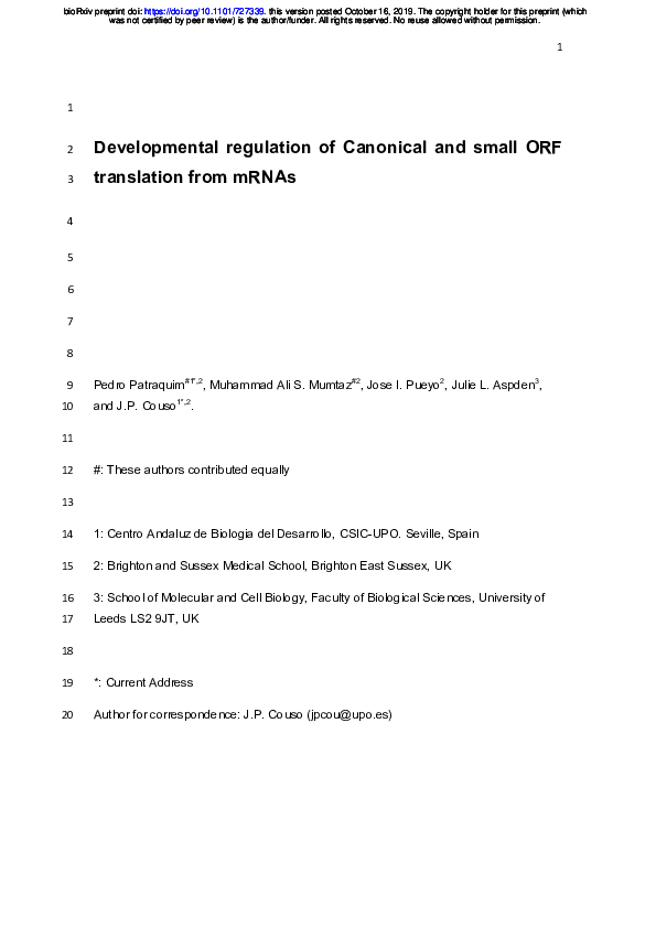 (PDF) Developmental regulation of Canonical and small ORF translation ...