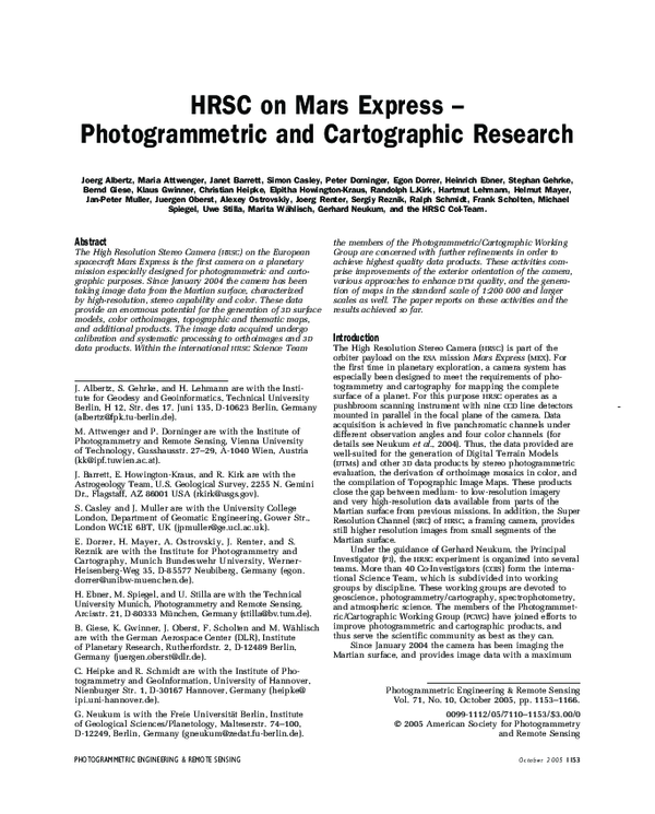 (PDF) HRSC on Mars Express – Photogrammetric and Cartographic Research