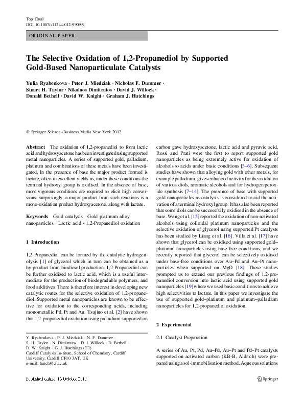 (PDF) The Selective Oxidation of 1,2-Propanediol by Supported Gold ...