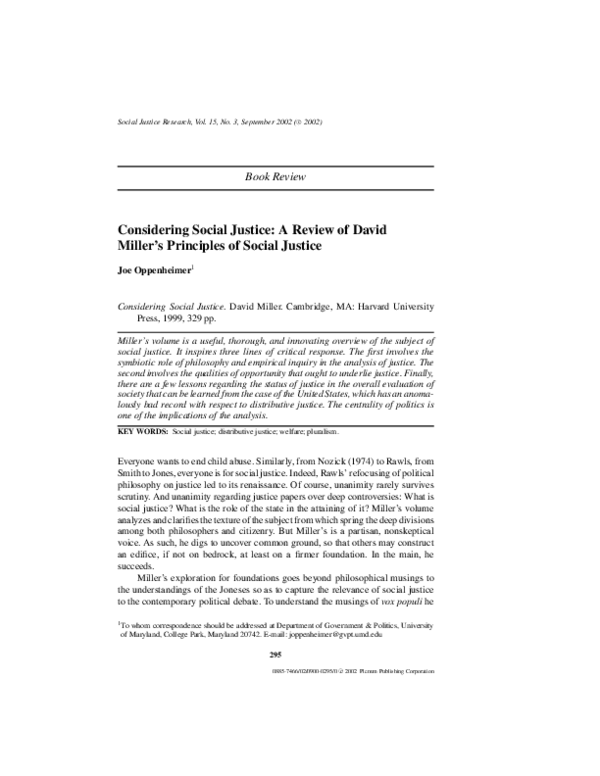 (PDF) Book Review: Considering Social Justice: A Review of David Miller ...