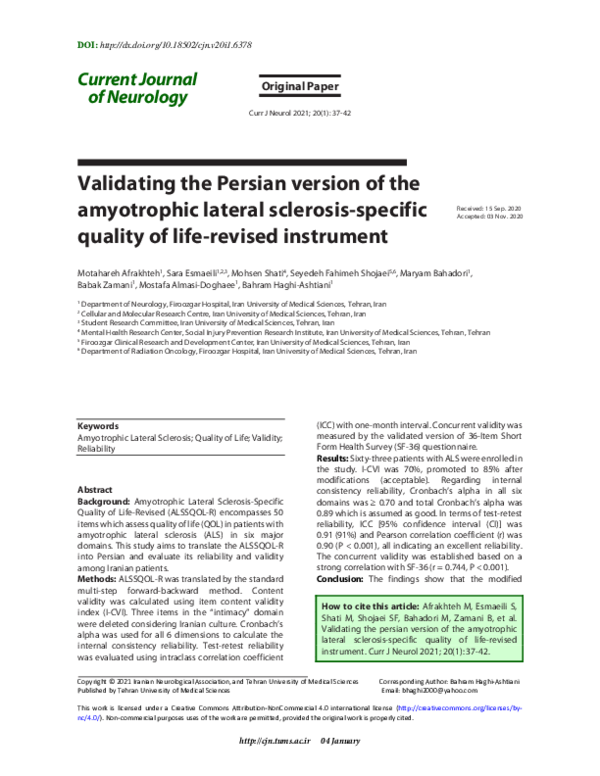 (PDF) Validating the Persian version of the amyotrophic lateral sclerosis-specific quality of ...