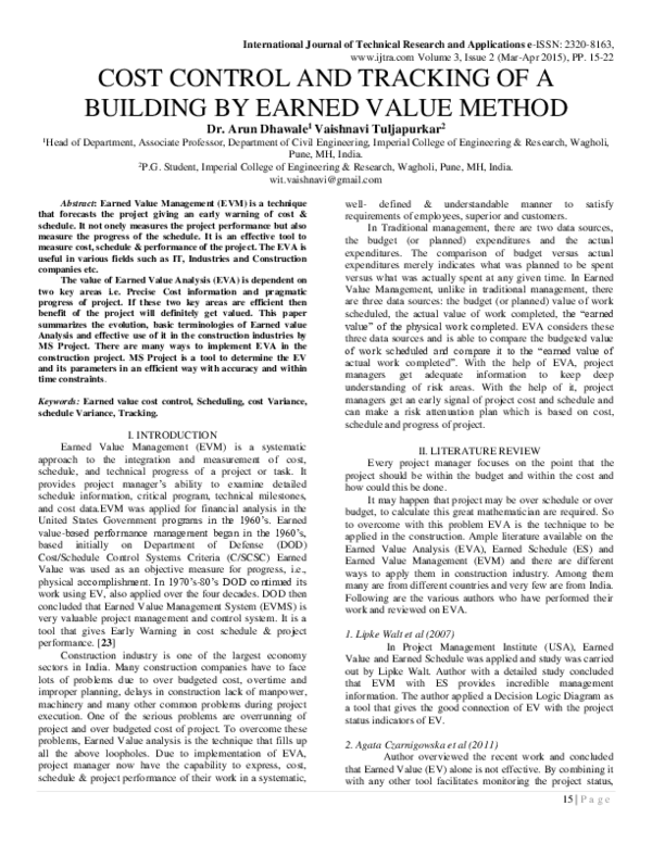 (PDF) Cost Control and Tracking of a Building by Earned Value Method