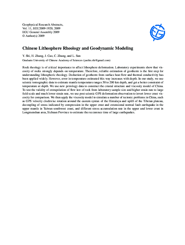 (PDF) Chinese Lithosphere Rheology and Geodynamic Modeling