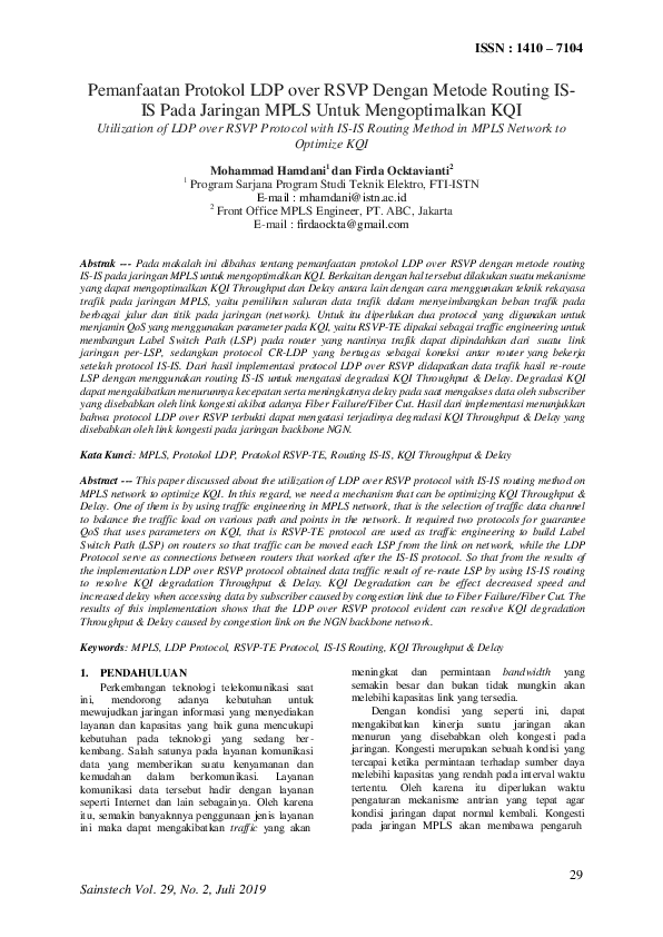 (PDF) Pemanfaatan Protokol LDP over RSVP Dengan Metode Routing IS-IS ...