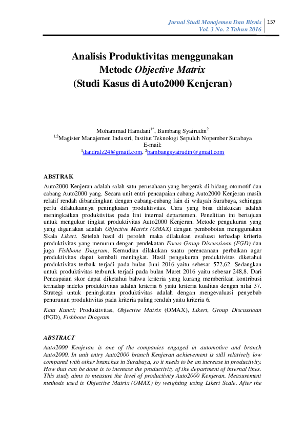 (PDF) Analisis Produktivitas Menggunakan Metode Objective Matrix (Studi Kasus Di Auto2000 Kenjeran)