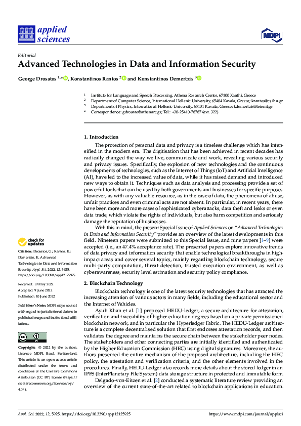 (PDF) Advanced Technologies in Data and Information Security