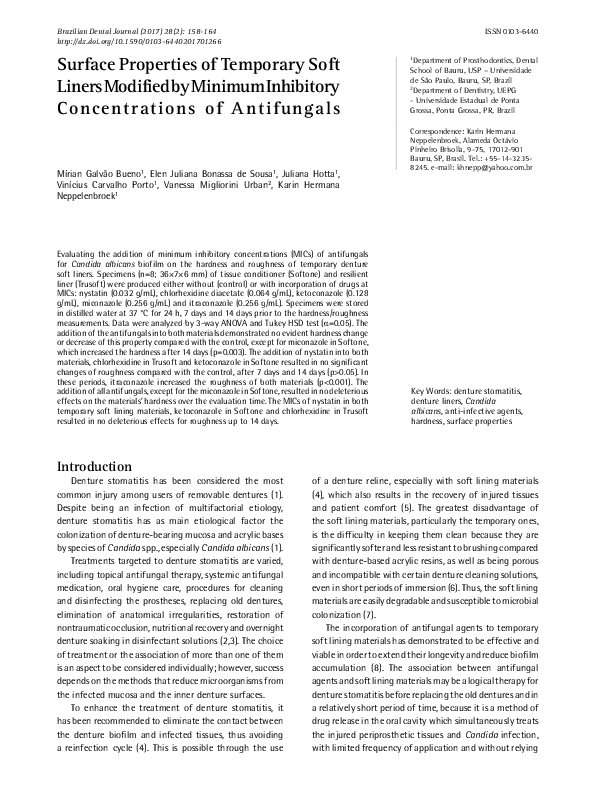 (PDF) Surface Properties of Temporary Soft Liners Modified by Minimum ...