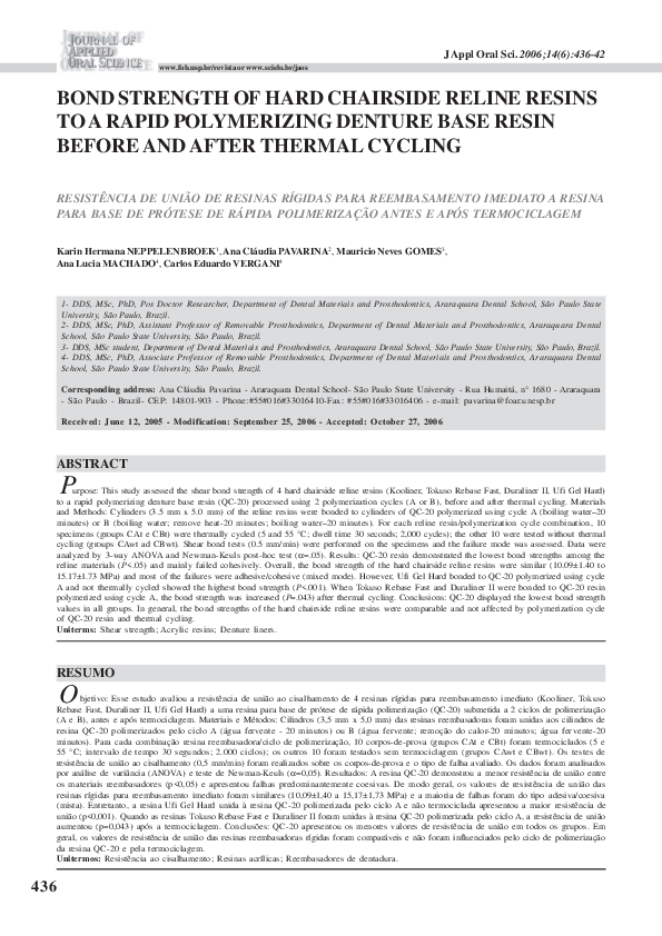 (PDF) Bond strength of hard chairside reline resins to a rapid ...