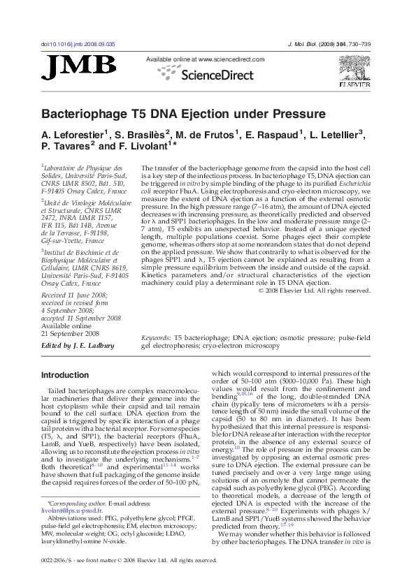 (PDF) Bacteriophage T5 DNA Ejection under Pressure