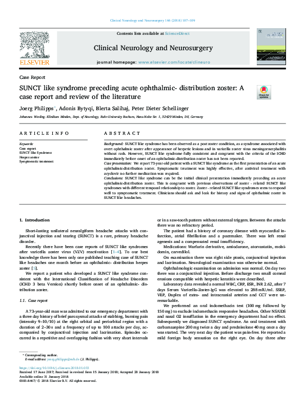 (PDF) SUNCT like syndrome preceding acute ophthalmic- distribution ...