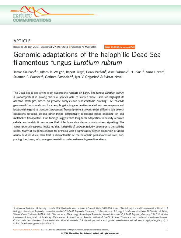 (PDF) Genomic adaptations of the halophilic Dead Sea filamentous fungus ...