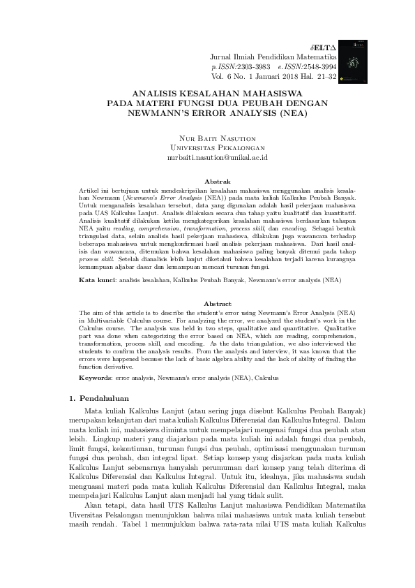 (PDF) Analisis Kesalahan Mahasiswa Pada Materi Fungsi Dua Peubah Dengan Newmann’s Error Analysis ...