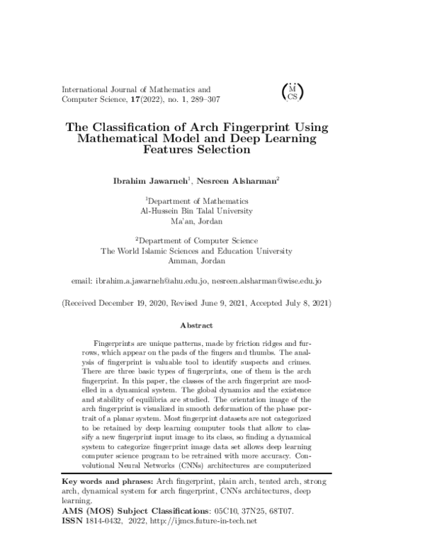 (PDF) The Classification of Arch Fingerprint Using Mathematical Model ...
