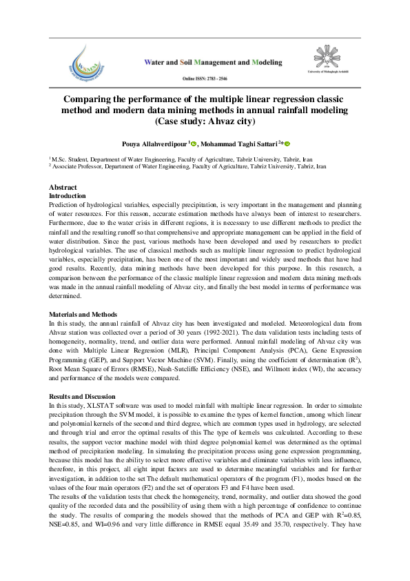 (PDF) Comparing the performance of the multiple linear regression classic method and modern data ...