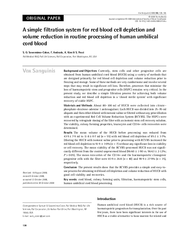 (PDF) A simple filtration system for red blood cell depletion and ...