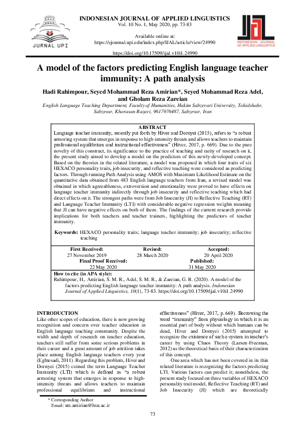 (PDF) A model of the factors predicting English language teacher immunity: A path analysis