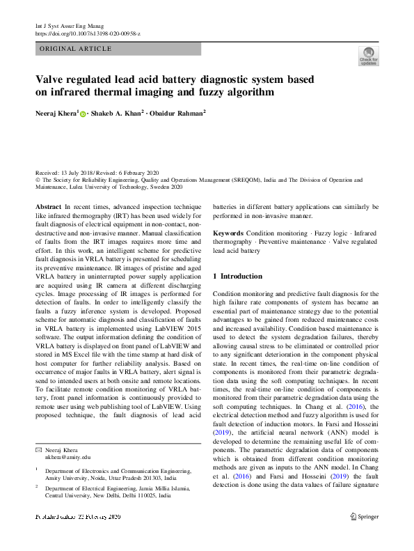 (PDF) Valve regulated lead acid battery diagnostic system based on infrared thermal imaging and ...