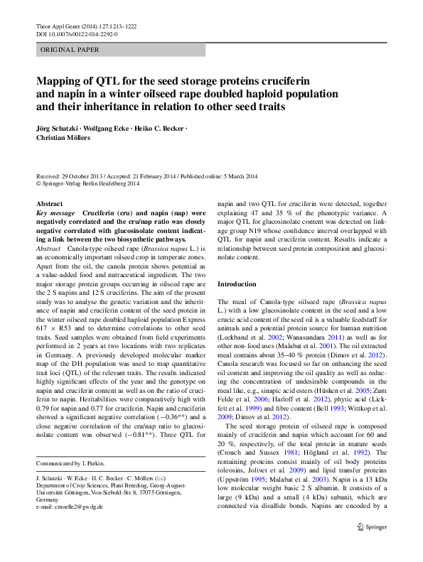 (PDF) Mapping of QTL for the seed storage proteins cruciferin and napin ...