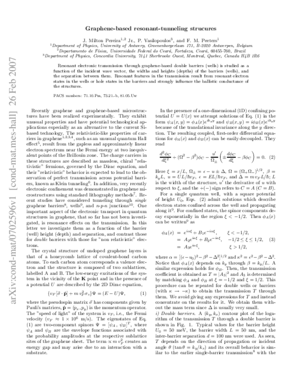(PDF) Graphene-based resonant-tunneling strucures | Panagiotis Vasilopoulos - Academia.edu