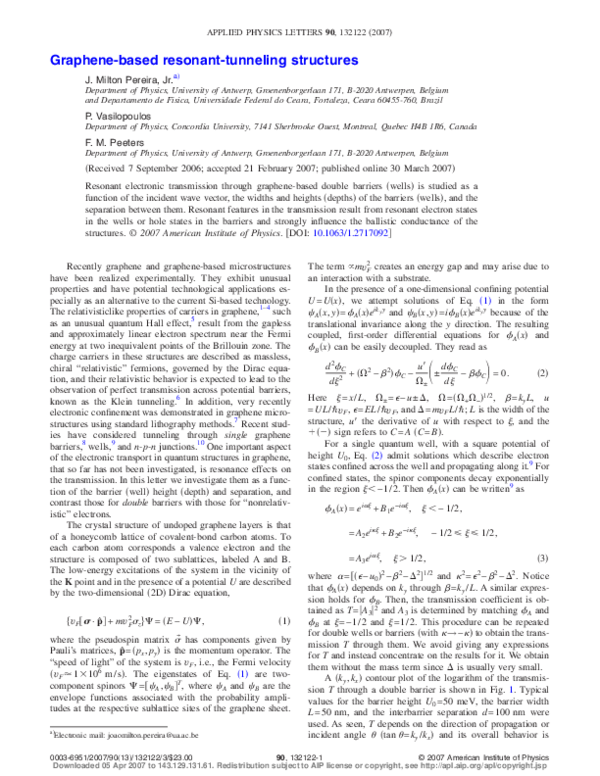 Pdf Graphene Based Resonant Tunneling Structures