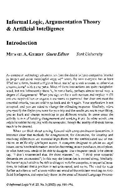 (PDF) Informal Logic, Argumentation Theory and Artificial Intelligence
